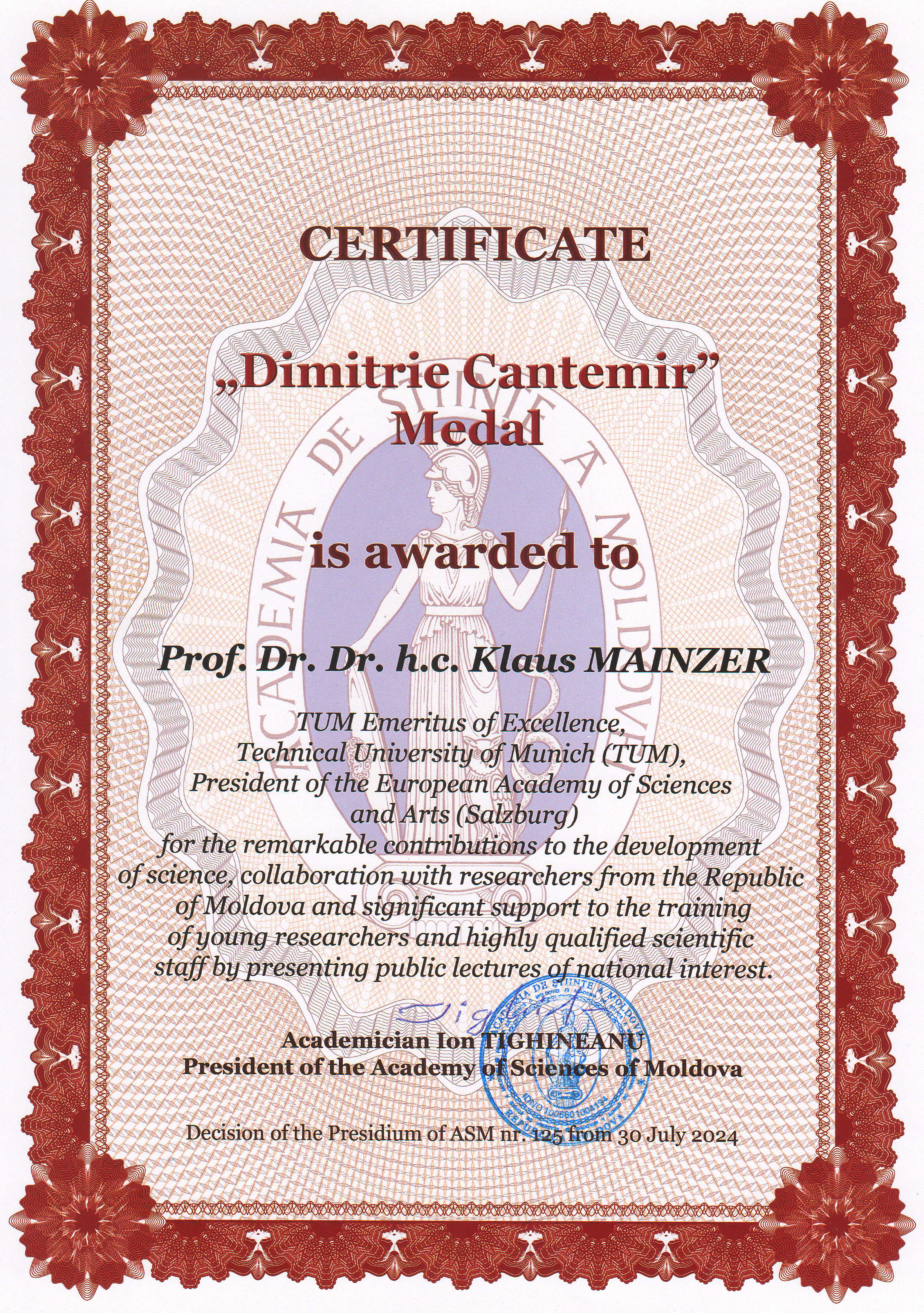 Activitatea Prof. Klaus Mainzer, Președinte al Academiei Europene de Științe și Arte, este ...